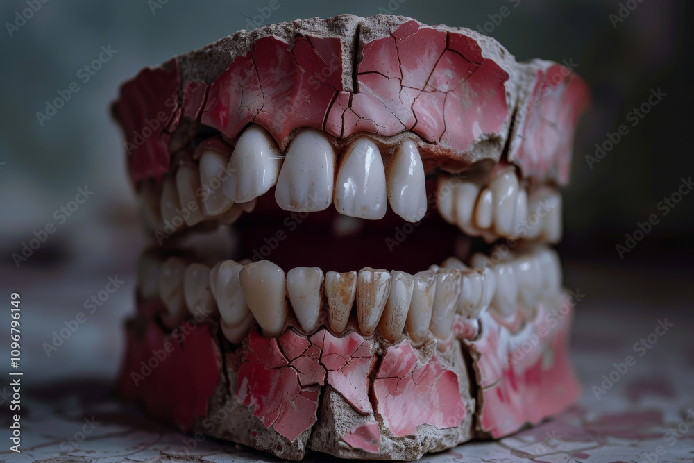 Aged dental model showing cracked and worn teeth in detail Stock Photo ...