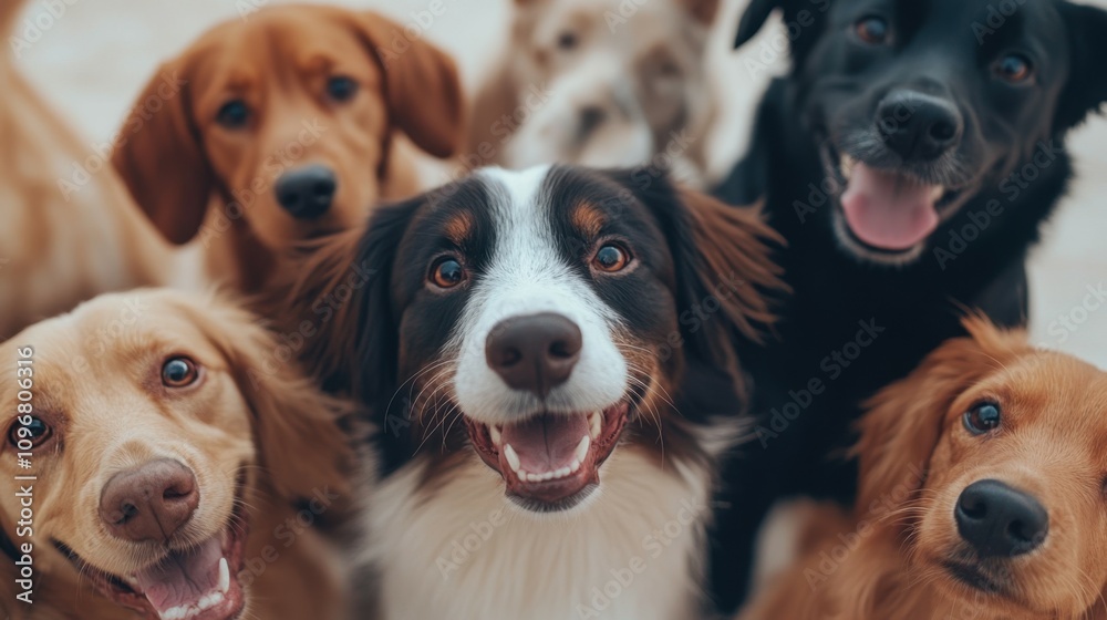 diverse pack of dogs of all breeds looking up with their cute smily ...