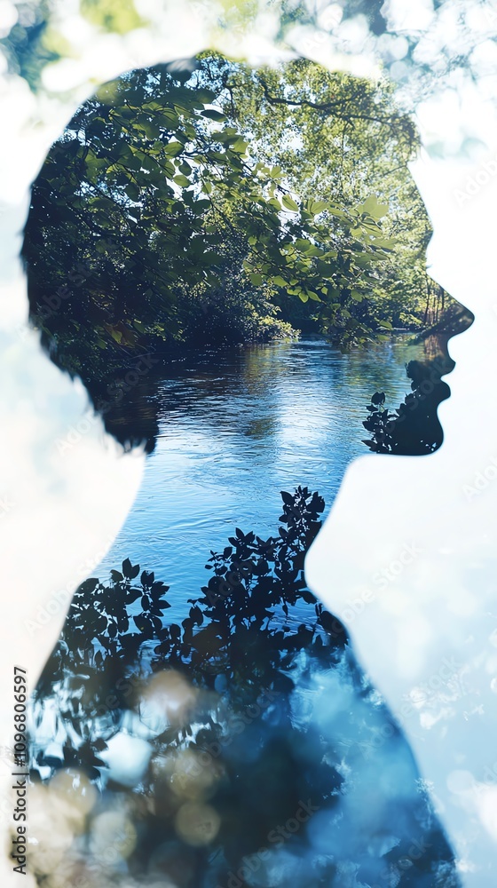 Person silhouette with nature reflection effect human nature connection ...