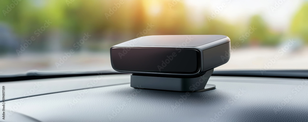 A holographic GPS system projecting a 3D route map onto a car dashboard ...