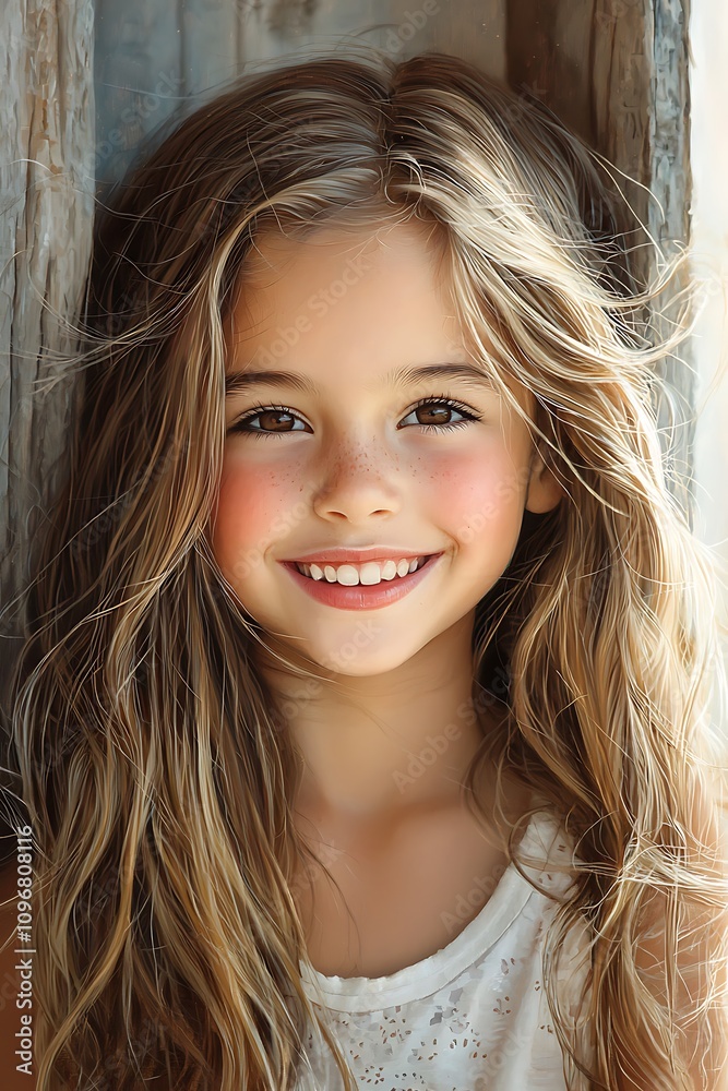 The painting captures a young girl with a beaming smile, her eyes ...