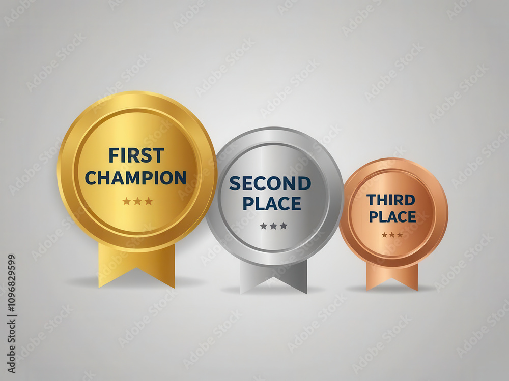 Three medals display rankings: gold for first champion, silver for ...