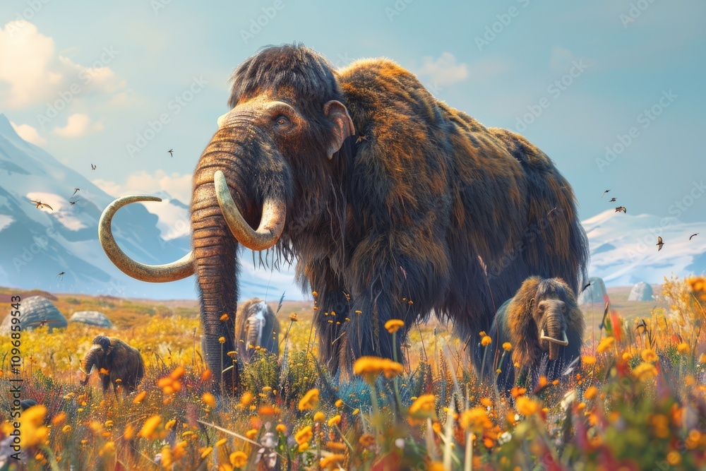 Woolly mammoth family grazing in colorful, open meadow with bright ...