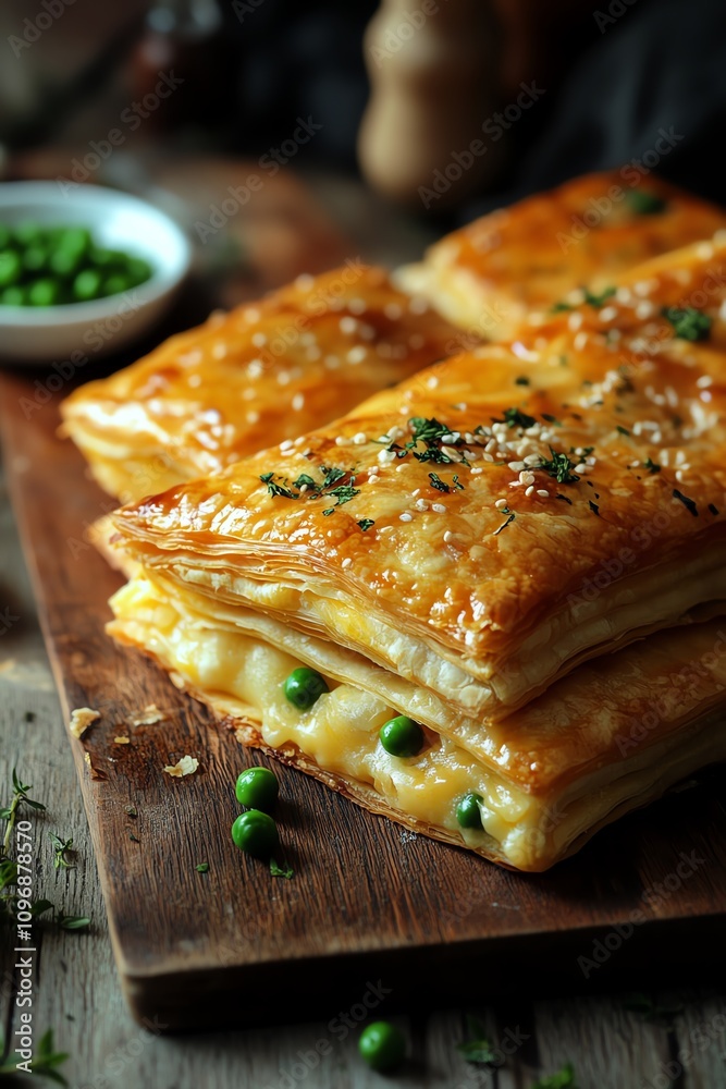 Flaky puff pastry with melted cheese and peas, rustic feel Stock Photo ...