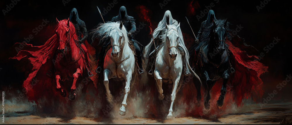 The Four Horsemen of the Apocalypse charge forward in a dramatic line ...