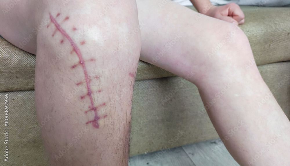Scars after knee surgery, leg fracture requiring surgery and metal ...