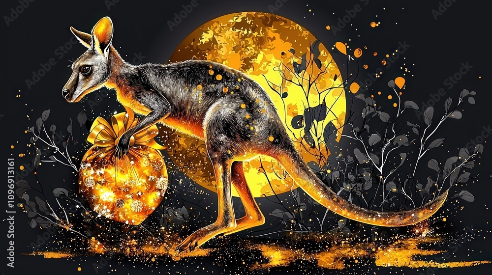 Kangaroo Santa leaps across the night sky with a glowing sack of gifts ...
