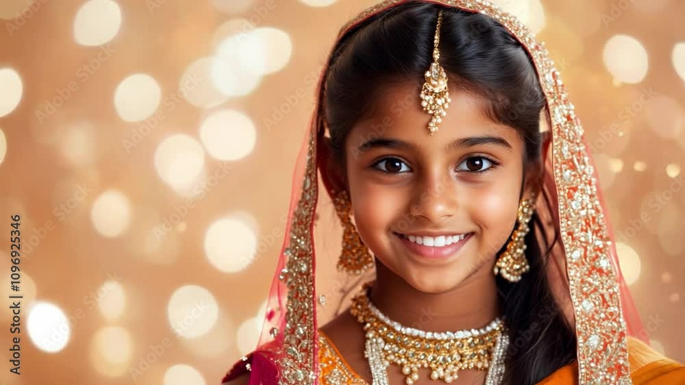 Young indian girl in traditional attire smiles joyfully at a festive ...
