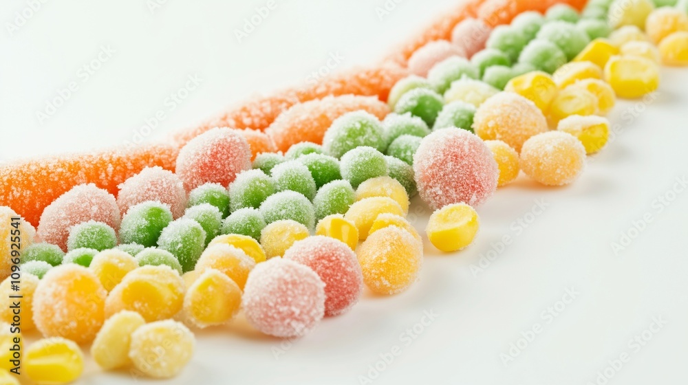 Frozen vegetable medley, including peas, carrots, and corn, spread in a ...