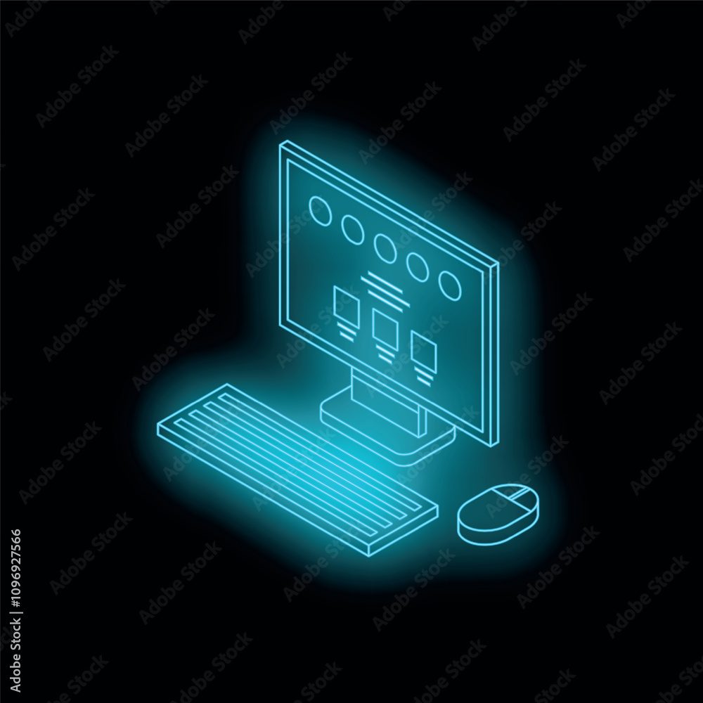 Glowing blue desktop computer with keyboard and mouse showing flowchart ...