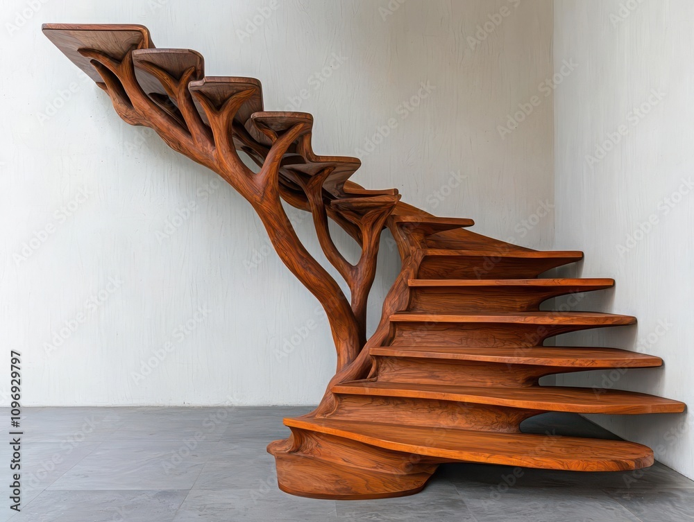 woodwork and carpentry concept. A custom-built wooden staircase with ...