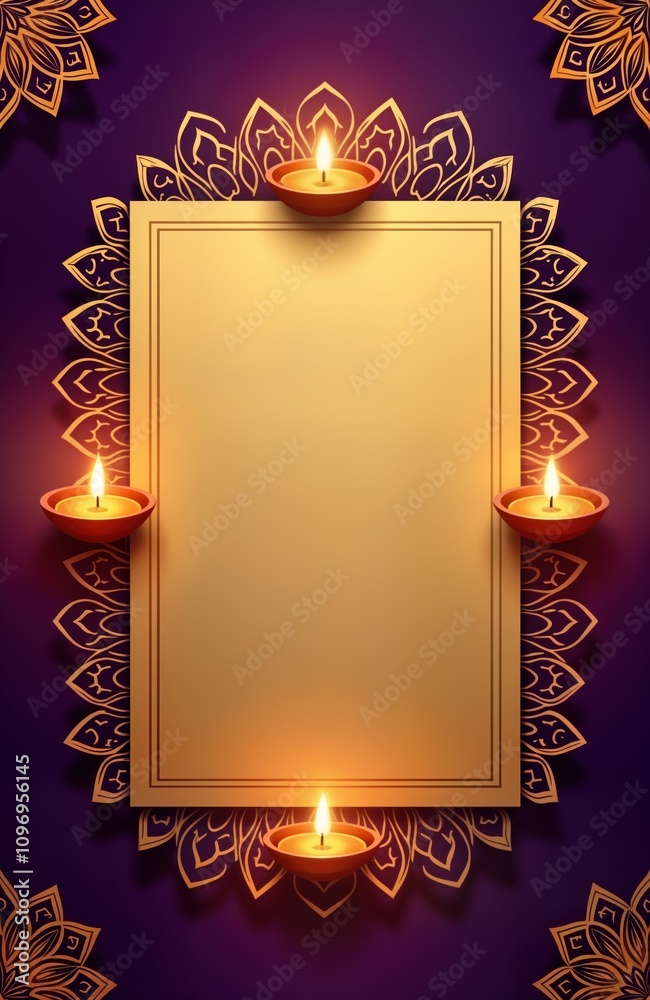 Diwali invitation mockup features golden card. Purple background has ...