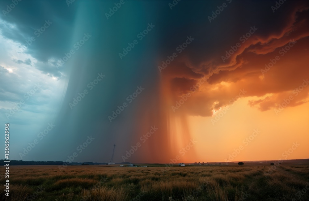 Dramatic sunset sky rain heavy downpour. Dark storm clouds. Rural ...