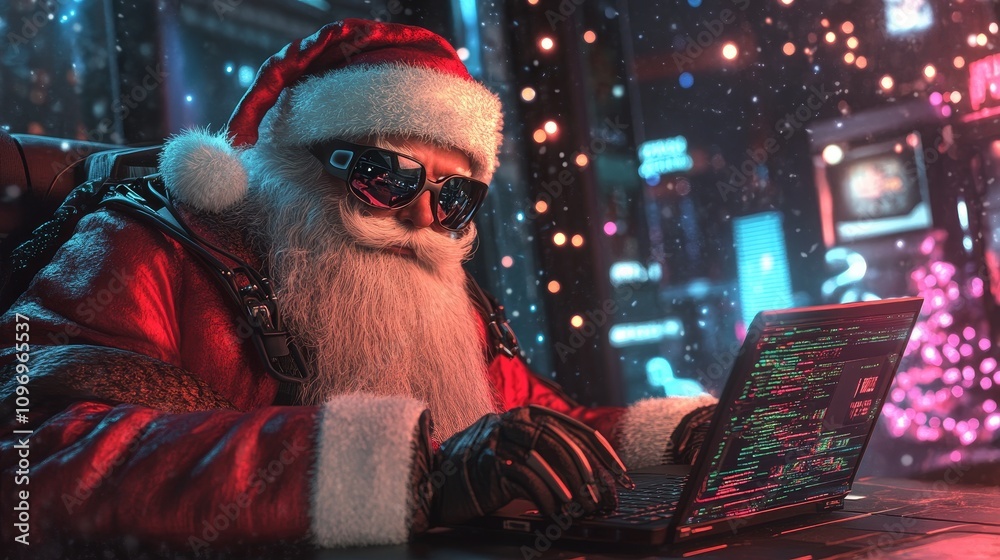 Santa's Techy Christmas Eve - Cool Santa Claus in sunglasses working on laptop, Christmas Eve ...