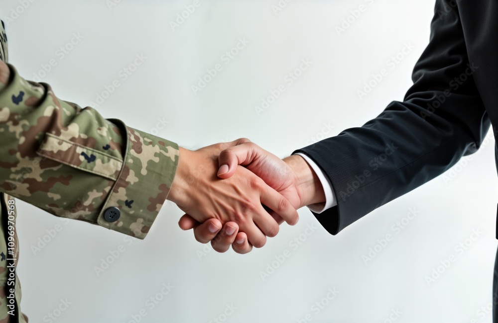 Soldier civilian shake hands agreement. Military man in uniform meets ...