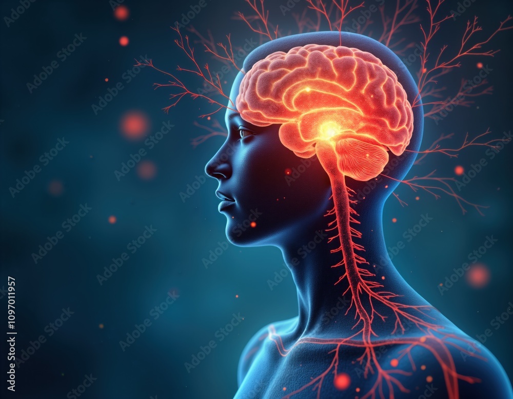 AI generated image shows glowing human brain, spinal cord. Neural ...