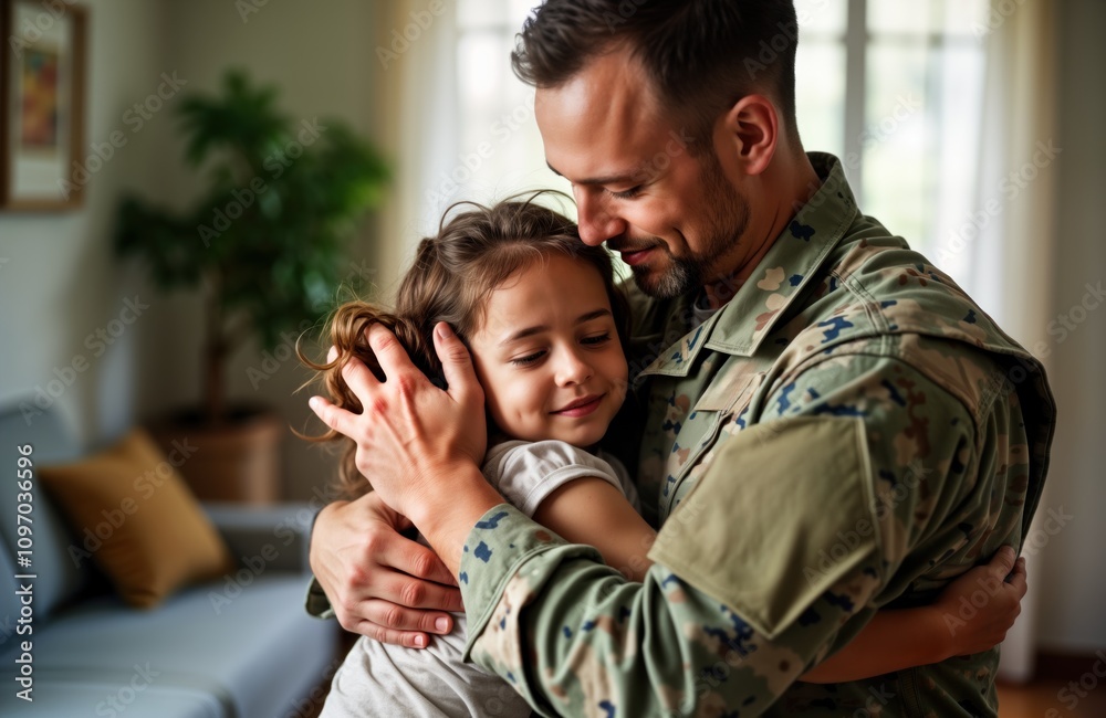 Soldier dad hugs daughter. Child embraces military father. Family ...