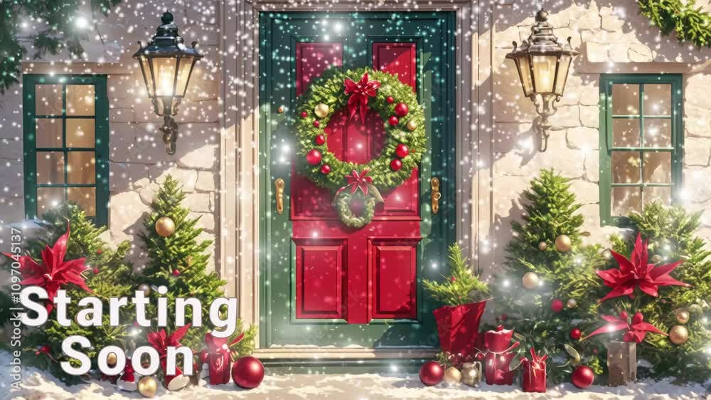 A charming holiday door welcomes in the festive spirit with decorations ...