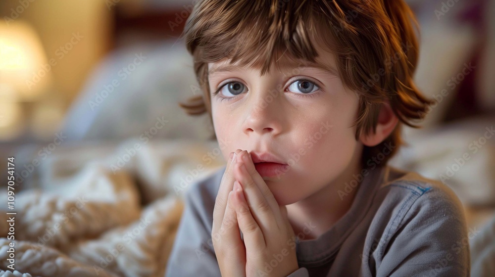 Young boy shows concern while feeling unwell at home, displaying signs ...