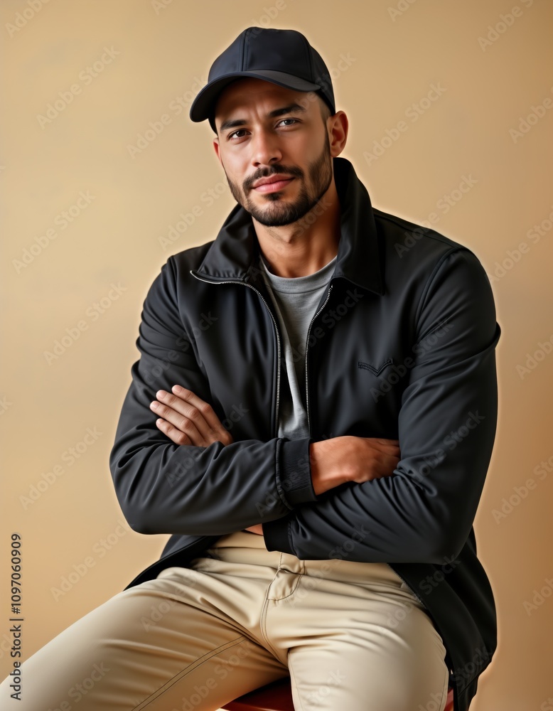 Stylish male model studio portrait. Man wears black jacket denim pants ...