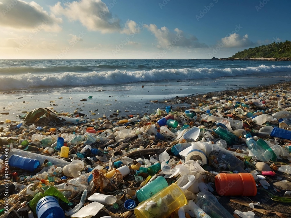 colorful plastic bottles garbage on the beach and luxury resort with ...