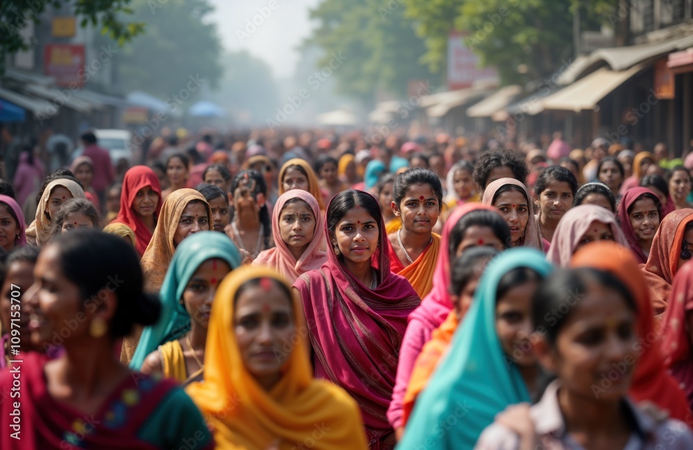 Indian women commute city street New Delhi. 1980s urban crowd walk ...
