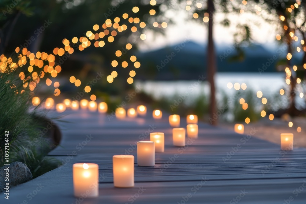 Beautiful pathway illuminated by candles and fairy lights near a ...