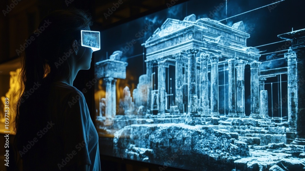 A tourist at a historical site using a holographic guide device ...