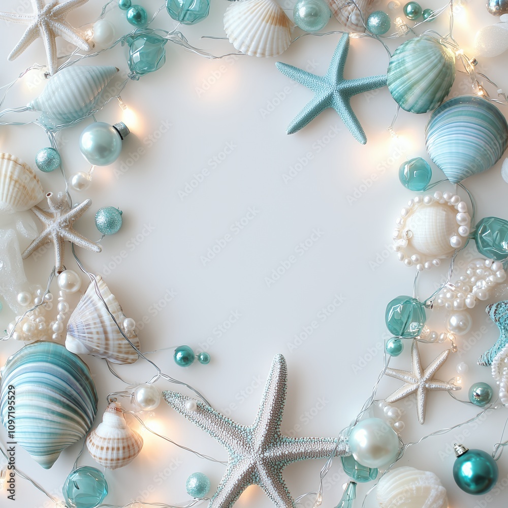 coastal christmas beach frame with turquoise and white seashells ...