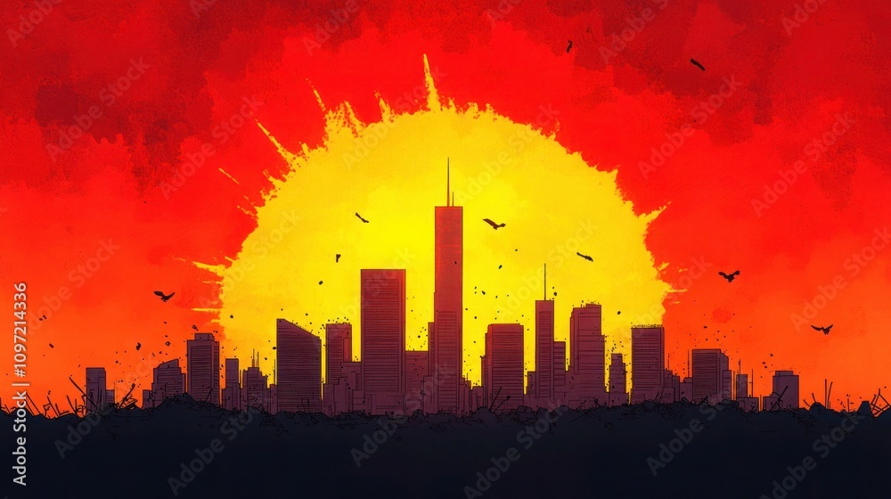 Silhouette of post-apocalyptic city skyline at sunset with tall ...