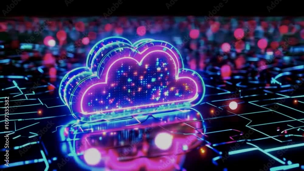 3d rendering seamless loop 4k rotation wireframe neon glowing icon of iCloud drive app on iOS ...