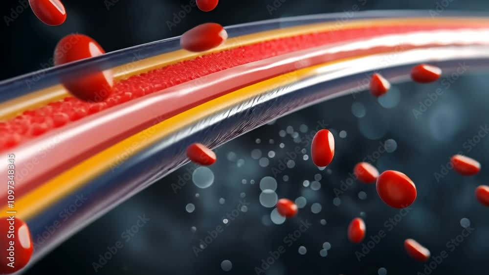 A digital illustration of a blood vessel highlighting red blood cells ...