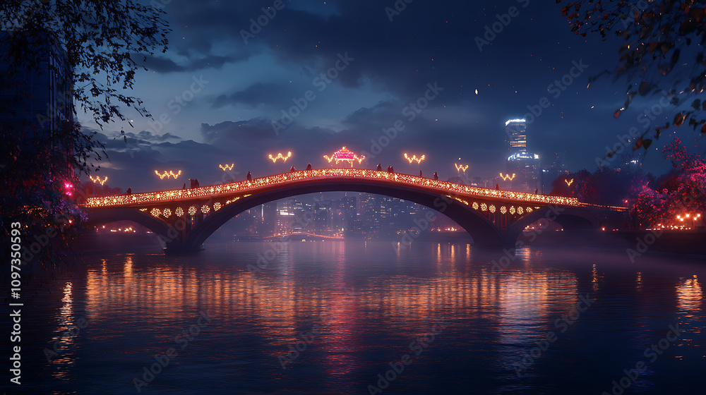 A city bridge illuminated by decorative lights, spanning across a river ...