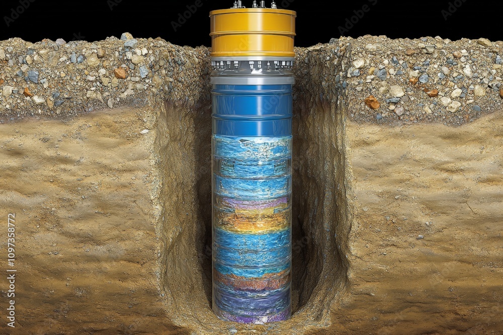 Underground cross section revealing geothermal energy pipe system ...