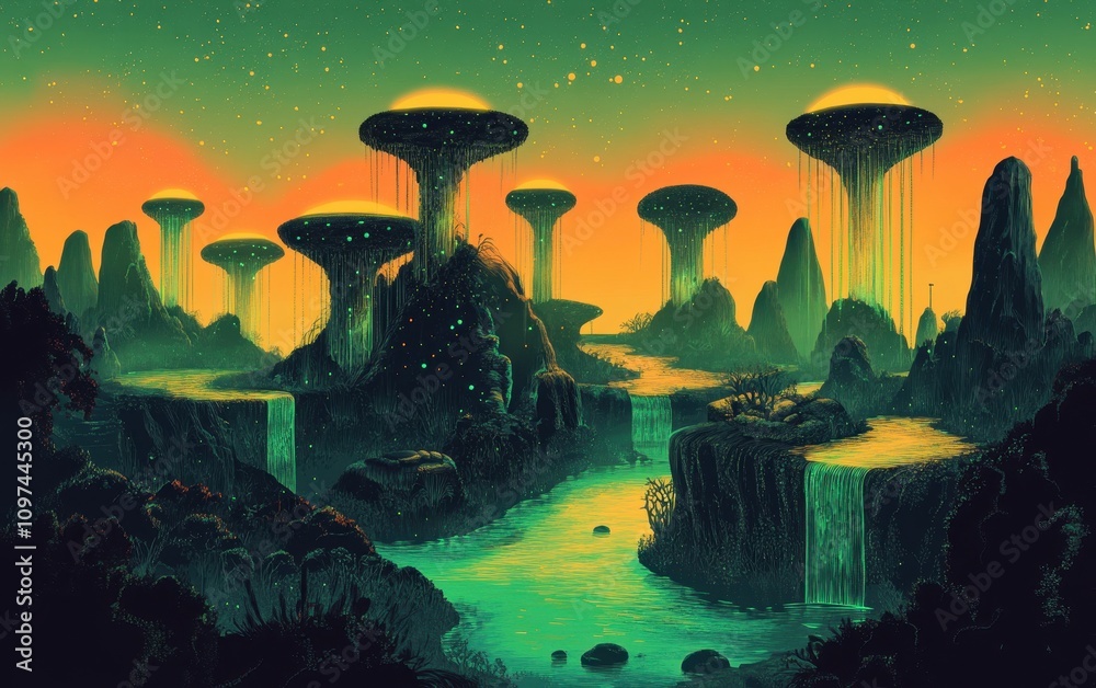 Ethereal Alien Landscape Vibrant Sunset, Glowing Fungi Structures, and ...