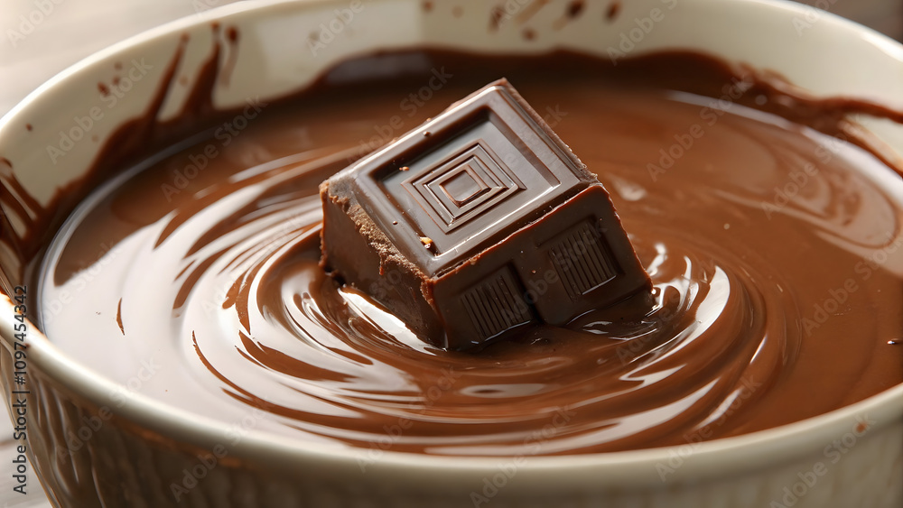 cube of chocolate slowly melting in rich, warm liquid chocolate creates ...