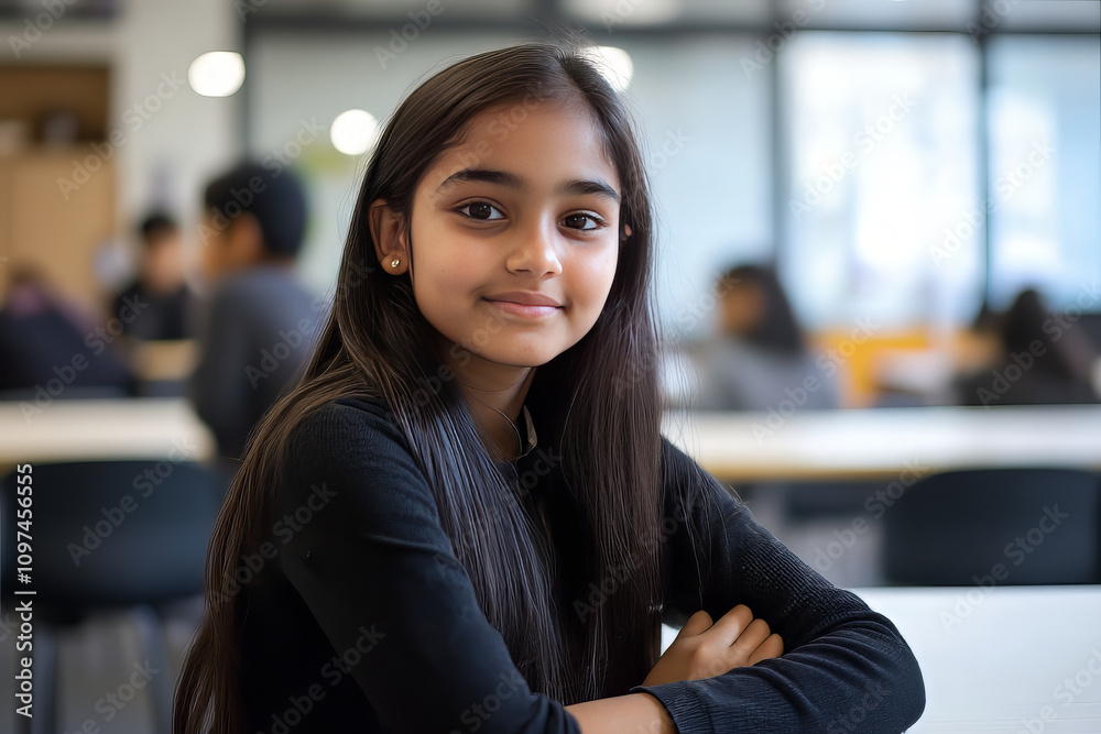 portraitphoto of a 11 year old indian girl in a modern classroom ...