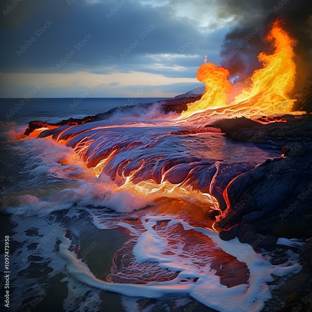 Lava River Flows into the Sea at the Beach with Smoke and Fire Burning ...