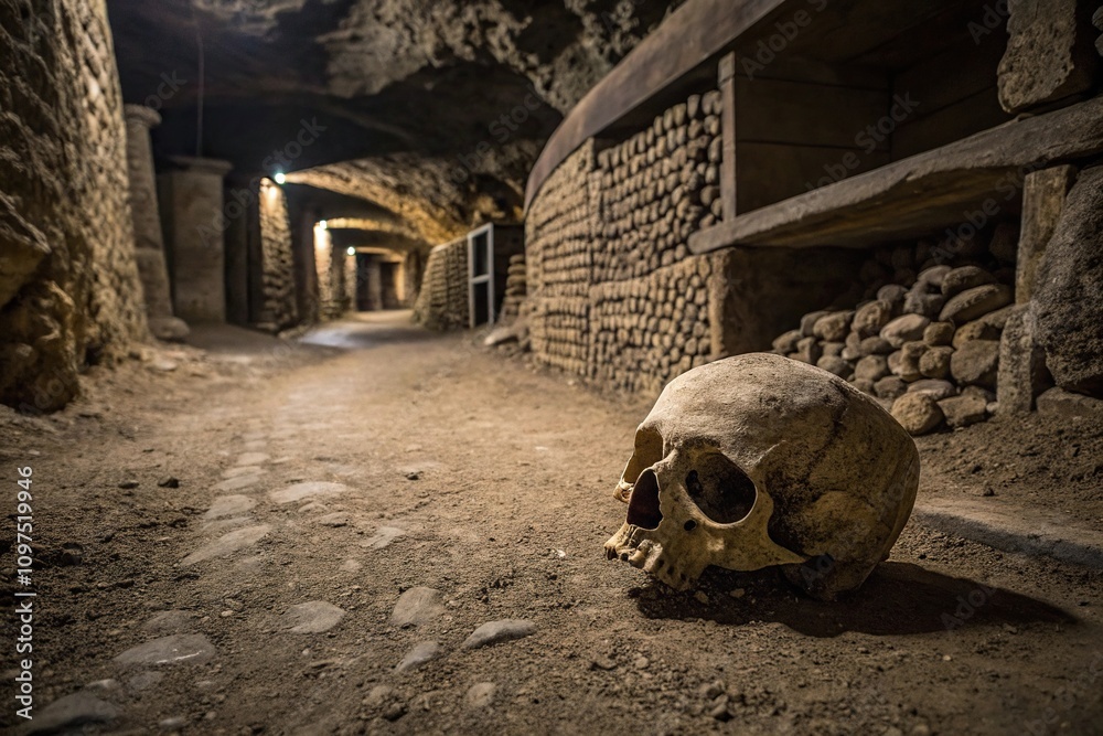 Skull lying on the ground with surrounding catacomb walls, stone wall ...