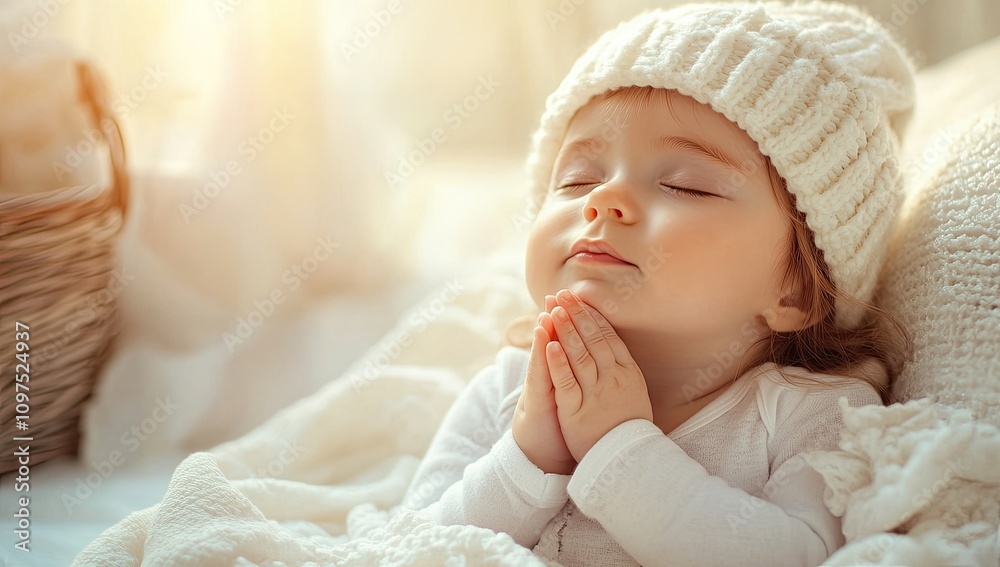 A cute baby in white with hands clasped together, wearing an open knit ...