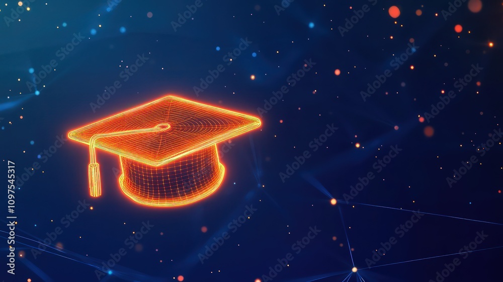 An animated graduation cap rendered in bright orange neon lights ...