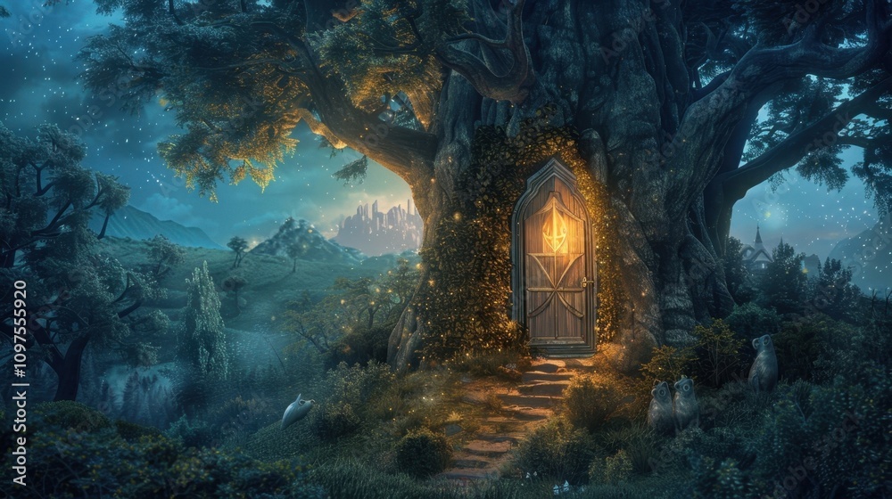 A mysterious door in the side of a towering tree opening up to a ...