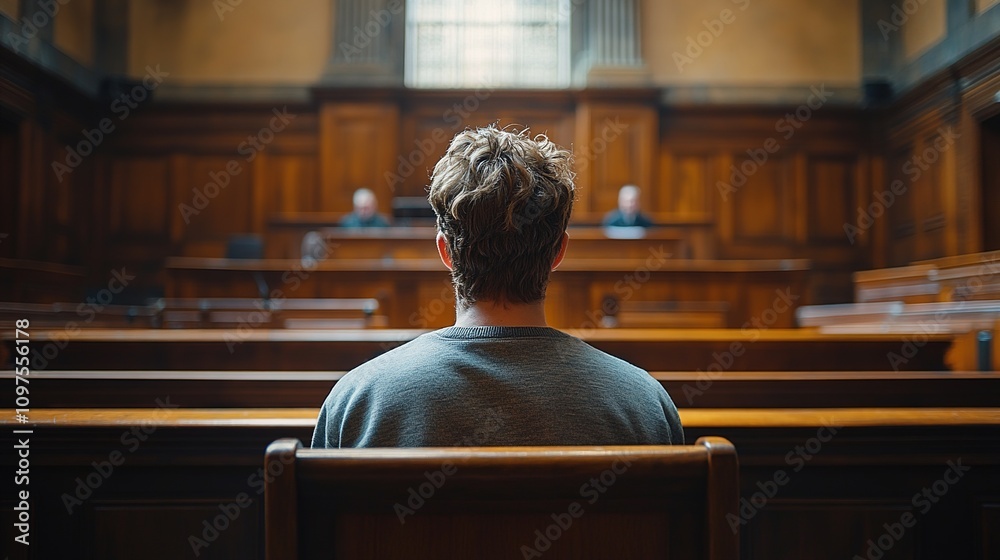 Back view of a male defendant seated in a courtroom, facing the judge's ...