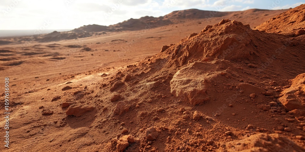 View of reddish-brown soil with a mixture of sand and silt particles ...