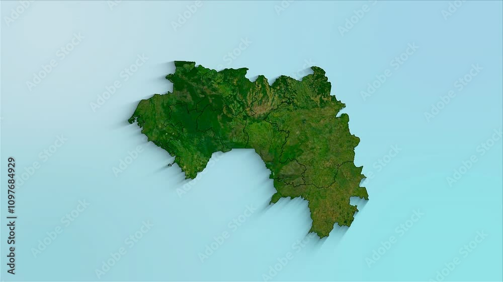Guinea animated map showing regions forming the country with a physical ...
