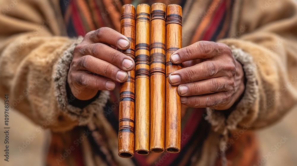 male hands holding a traditional quena flute, emphasizing cultural ...