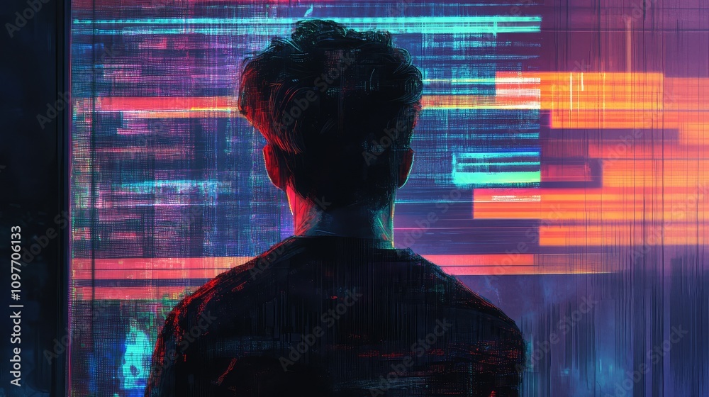 Pixelated static with neon color bars, scrambled patterns, and glitch ...