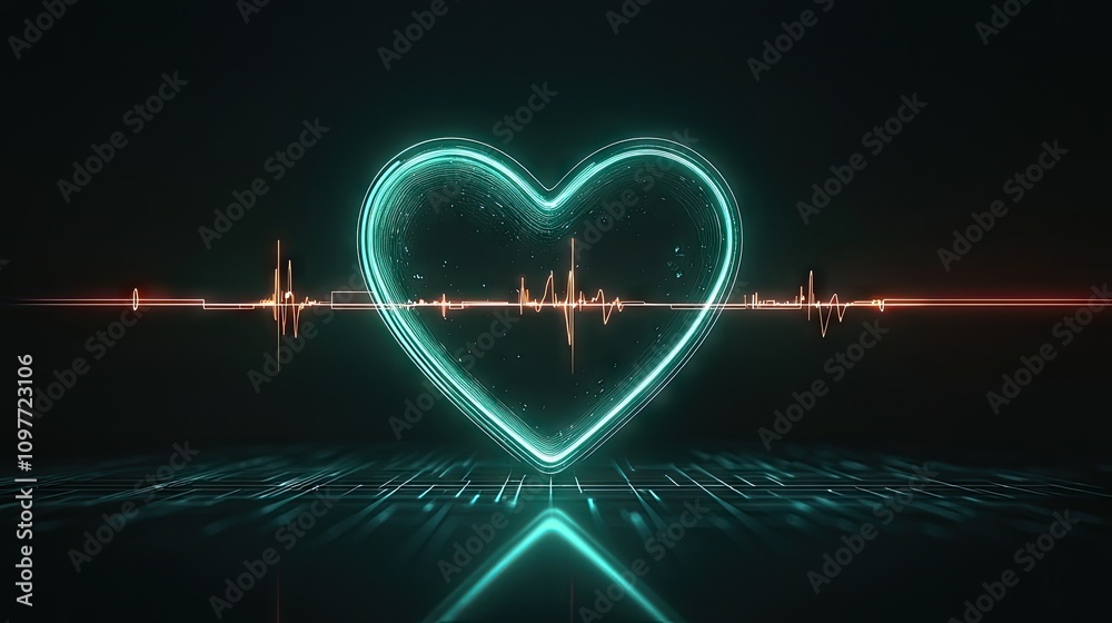 A minimalist, futuristic heart symbol with a soft teal (#00ADB5) glow ...