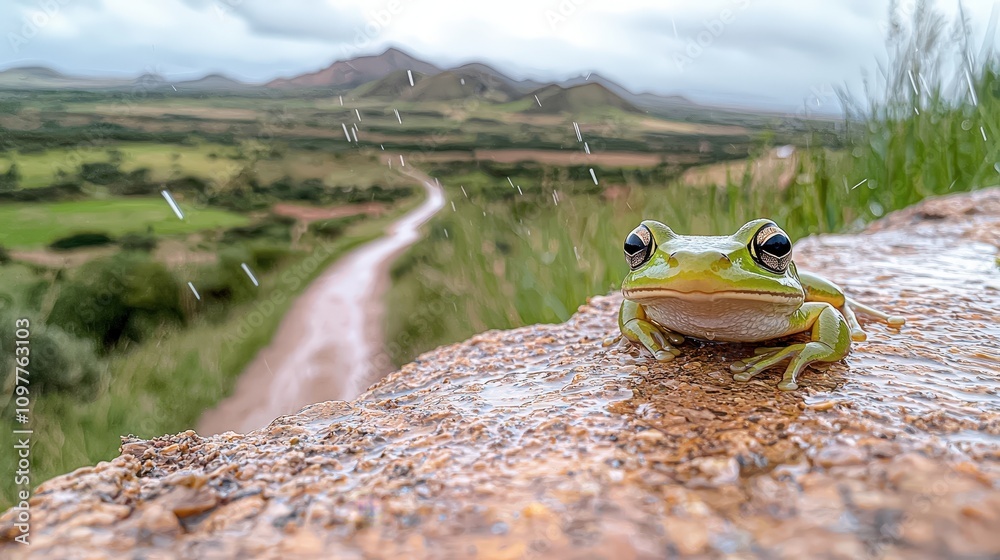 Green Rain Frog on Rock Desert Landscape Sonoran Desert Rainfall Stock ...