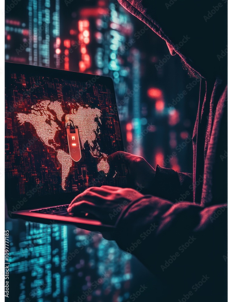 Hacker holding laptop with digital key and world map hologram. Hacking ...